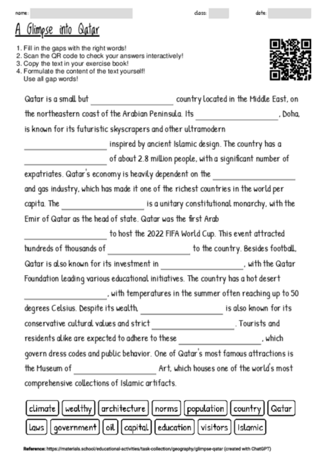 Worksheet with the topic "A Glimpse into Qatar" | MATERIALS.SCHOOL