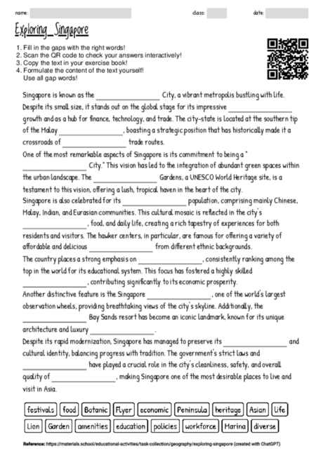 Worksheet with the topic "Exploring Singapore" | MATERIALS.SCHOOL