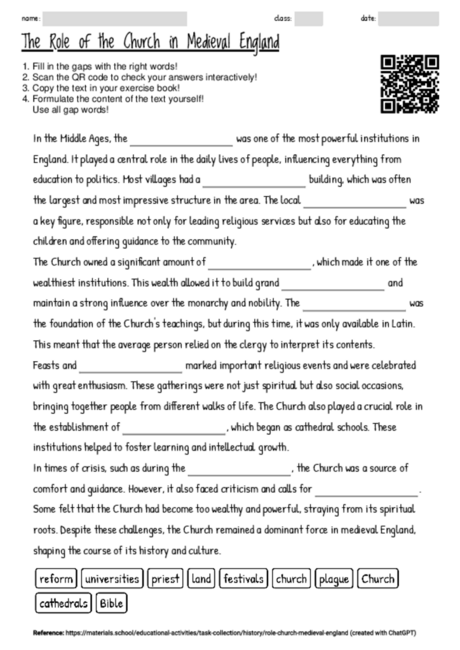 Worksheet with the topic "The Role of the Church in Medieval England ...