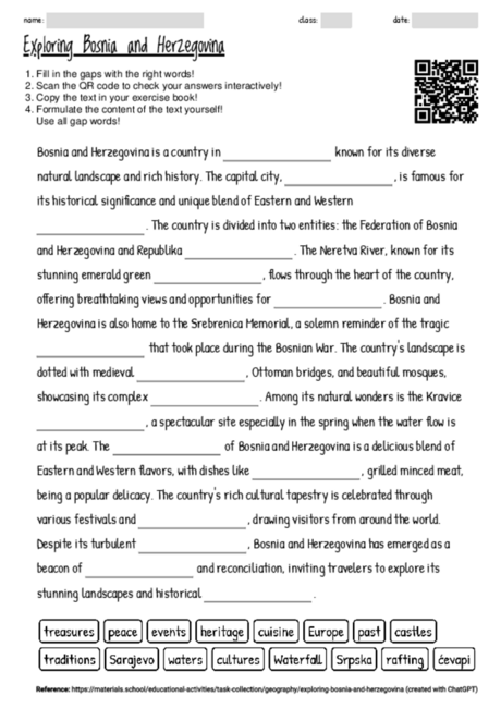 Worksheet with the topic "Exploring Bosnia and Herzegovina" | MATERIALS ...