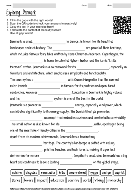 Worksheet with the topic "Exploring Denmark" | MATERIALS.SCHOOL