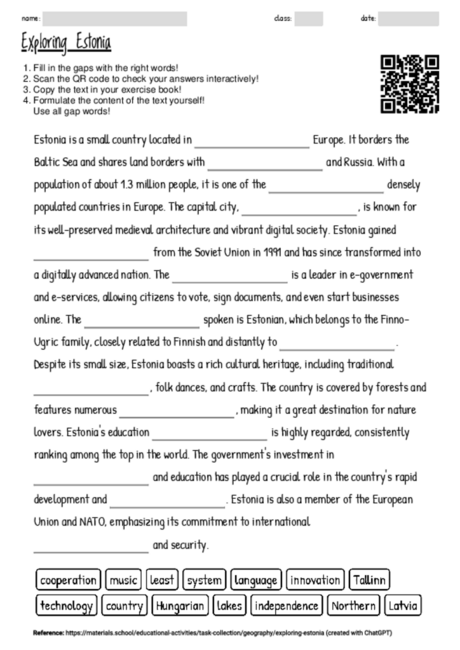 Worksheet with the topic "Exploring Estonia" | MATERIALS.SCHOOL