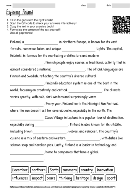 Worksheet with the topic "Exploring Finland" | MATERIALS.SCHOOL