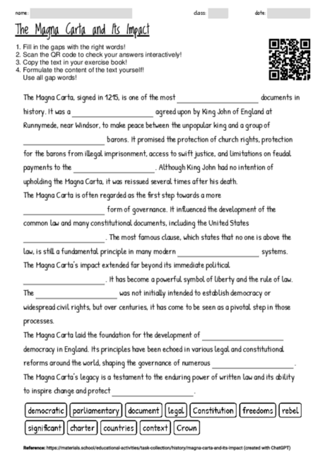 Worksheet with the topic "The Magna Carta and Its Impact" | MATERIALS ...
