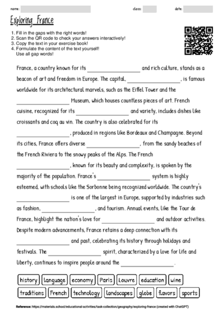 Worksheet with the topic "Exploring France" | MATERIALS.SCHOOL