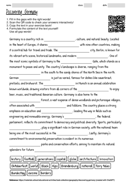 Worksheet with the topic "Discovering Germany" | MATERIALS.SCHOOL