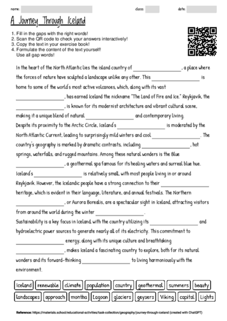 Worksheet with the topic "A Journey Through Iceland" | MATERIALS.SCHOOL