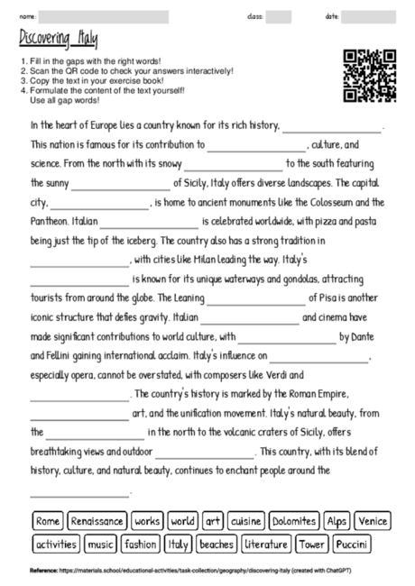 Worksheet with the topic "Discovering Italy" | MATERIALS.SCHOOL