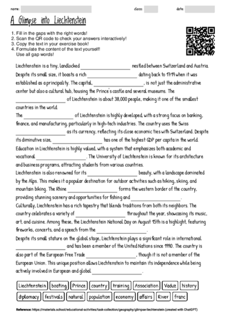Worksheet with the topic "A Glimpse into Liechtenstein" | MATERIALS.SCHOOL