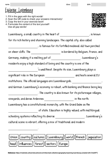 Worksheet with the topic "Exploring Luxembourg" | MATERIALS.SCHOOL