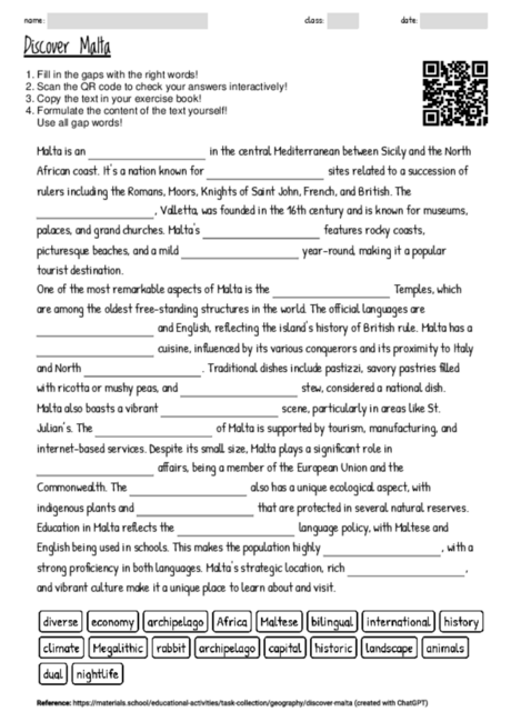 Worksheet with the topic "Discover Malta" | MATERIALS.SCHOOL