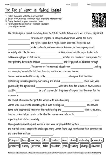 Worksheet with the topic "The Role of Women in Medieval England ...