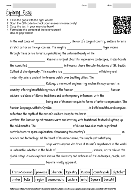 Worksheet with the topic "Exploring Russia" | MATERIALS.SCHOOL