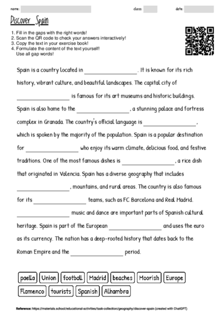 Worksheet with the topic "Discover Spain" | MATERIALS.SCHOOL