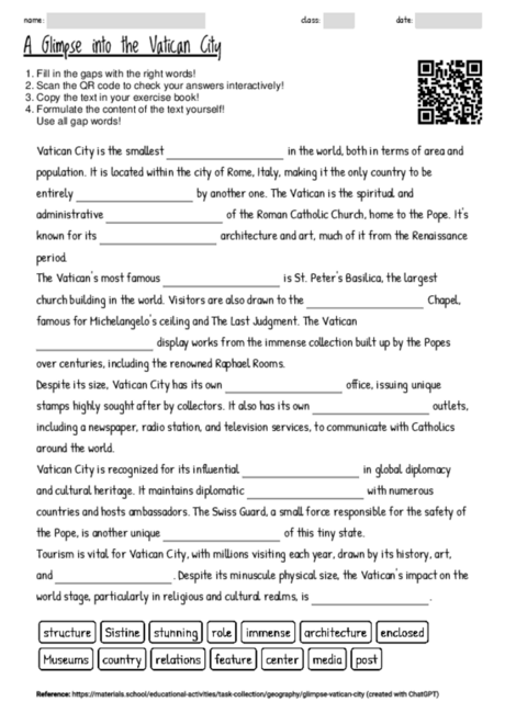 Worksheet with the topic "A Glimpse into the Vatican City" | MATERIALS ...