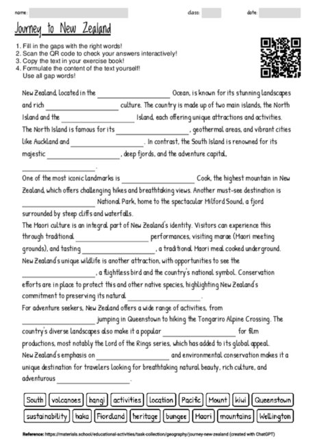 Worksheet with the topic "Journey to New Zealand" | MATERIALS.SCHOOL