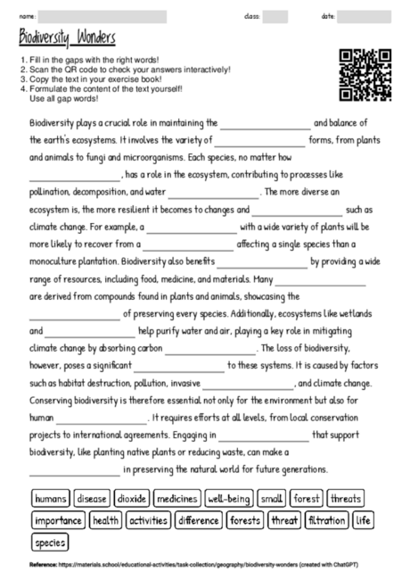 Worksheet with the topic "Biodiversity Wonders" | MATERIALS.SCHOOL