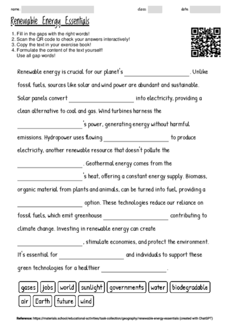 Worksheet with the topic "Renewable Energy Essentials" | MATERIALS.SCHOOL