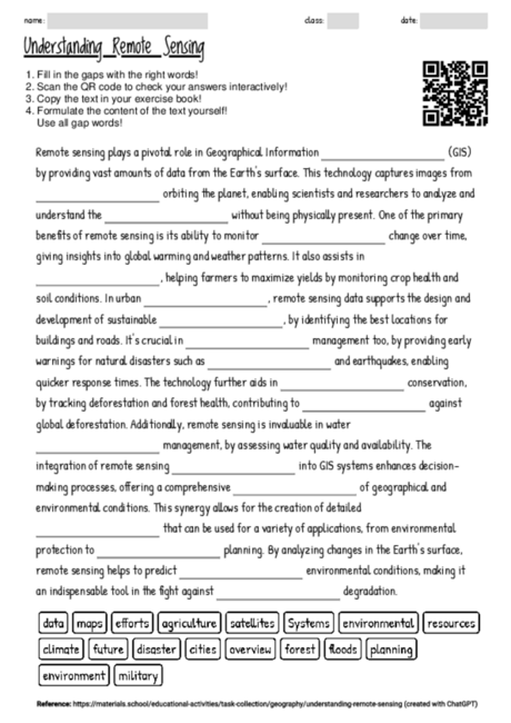 Worksheet with the topic "Understanding Remote Sensing" | MATERIALS.SCHOOL