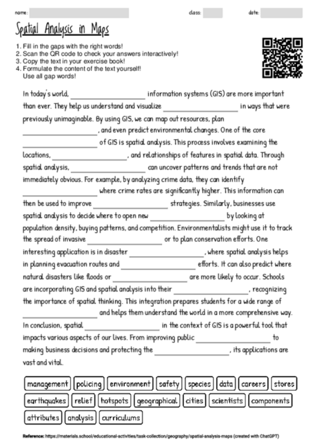Worksheet with the topic "Spatial Analysis in Maps" | MATERIALS.SCHOOL