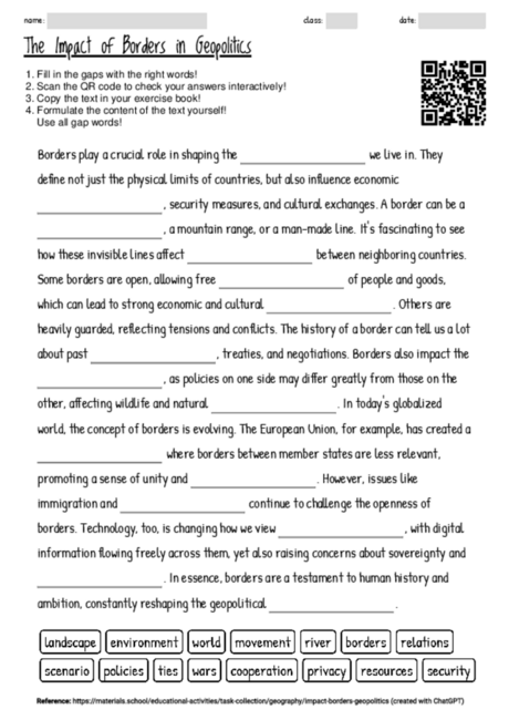 Worksheet with the topic "The Impact of Borders in Geopolitics ...