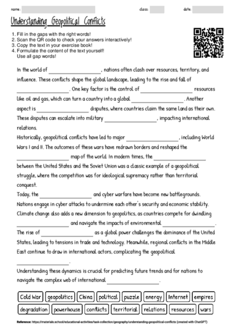 Worksheet with the topic "Understanding Geopolitical Conflicts ...