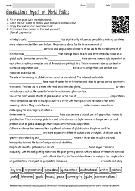 Worksheet with the topic "Globalization's Impact on World Politics ...
