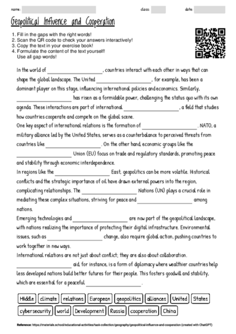 Worksheet with the topic "Geopolitical Influence and Cooperation ...