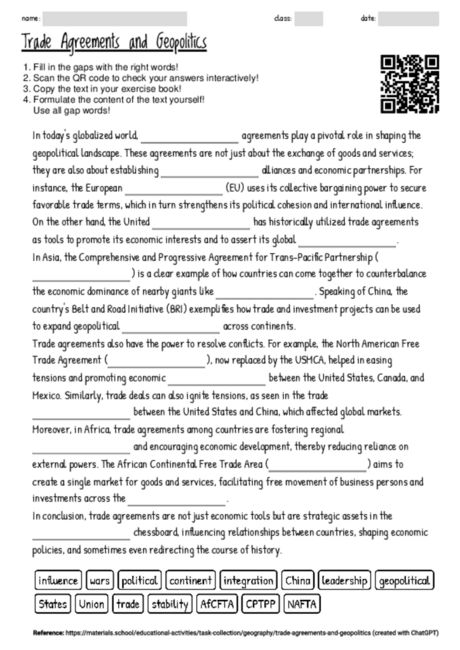 Worksheet with the topic "Trade Agreements and Geopolitics" | MATERIALS ...