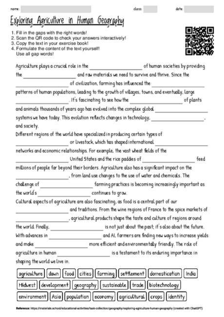 Worksheet with the topic "Exploring Agriculture in Human Geography ...