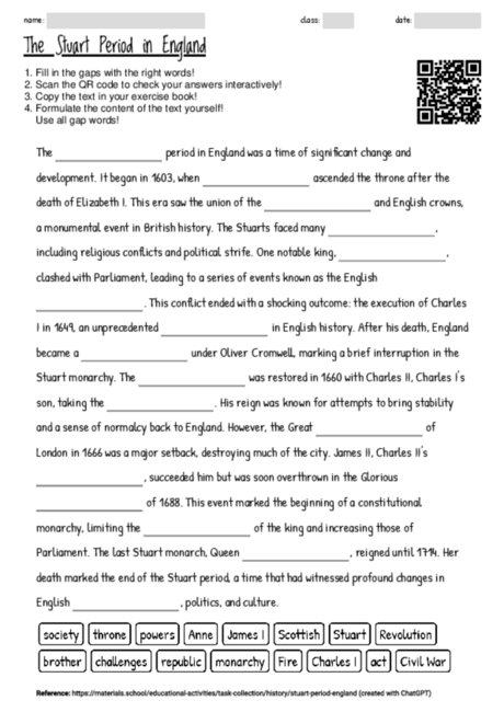 Worksheet with the topic "The Stuart Period in England" | MATERIALS.SCHOOL
