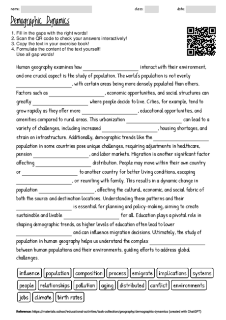 Worksheet with the topic "Demographic Dynamics" | MATERIALS.SCHOOL