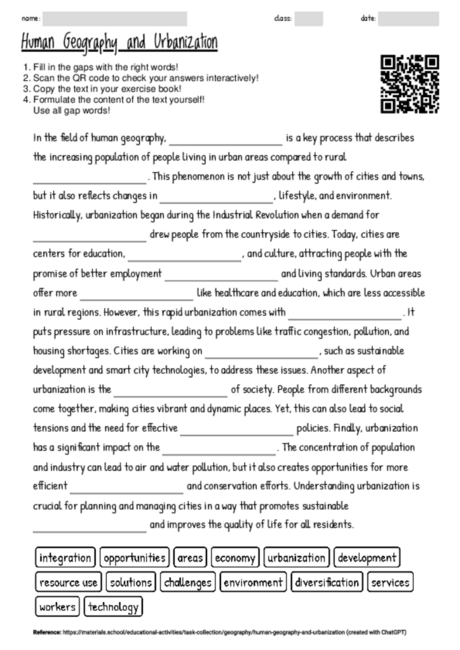 Worksheet with the topic "Human Geography and Urbanization" | MATERIALS ...