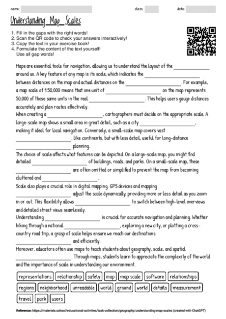 Worksheet with the topic "Understanding Map Scales" | MATERIALS.SCHOOL