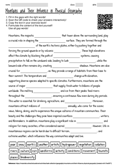Worksheet with the topic "Mountains and Their Influence in Physical ...