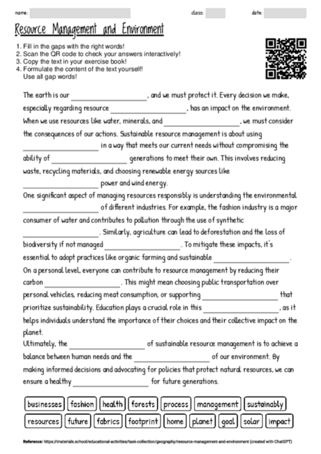 Worksheet with the topic "Resource Management and Environment ...