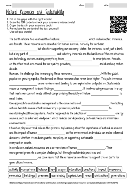 Worksheet with the topic "Natural Resources and Sustainability ...