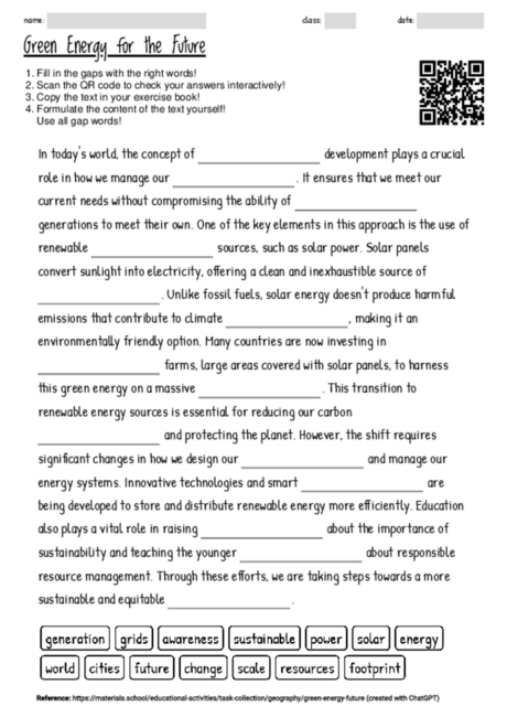 Worksheet with the topic "Green Energy for the Future" | MATERIALS.SCHOOL
