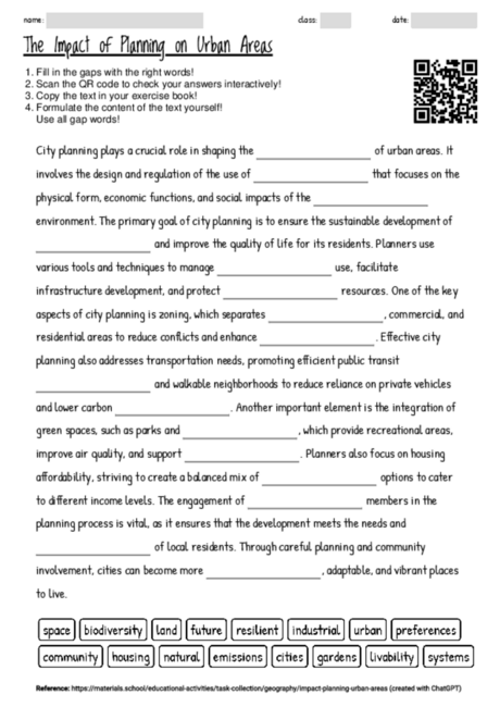 Worksheet with the topic "The Impact of Planning on Urban Areas ...