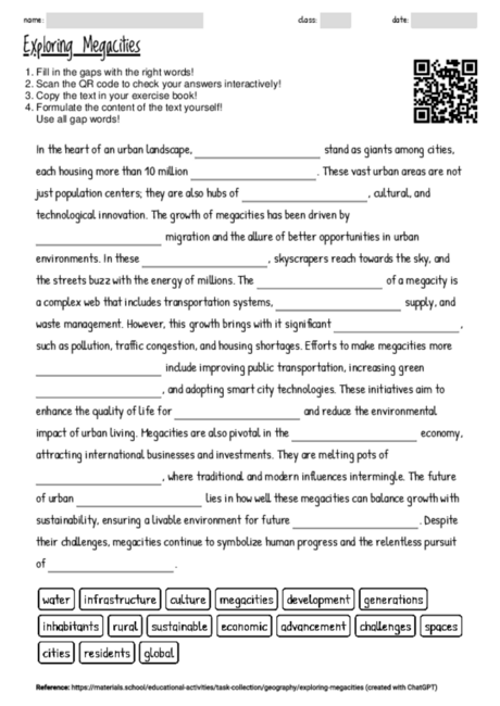 Worksheet with the topic "Exploring Megacities" | MATERIALS.SCHOOL