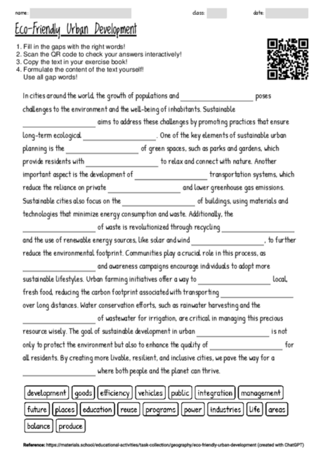 Worksheet with the topic "Eco-Friendly Urban Development" | MATERIALS ...