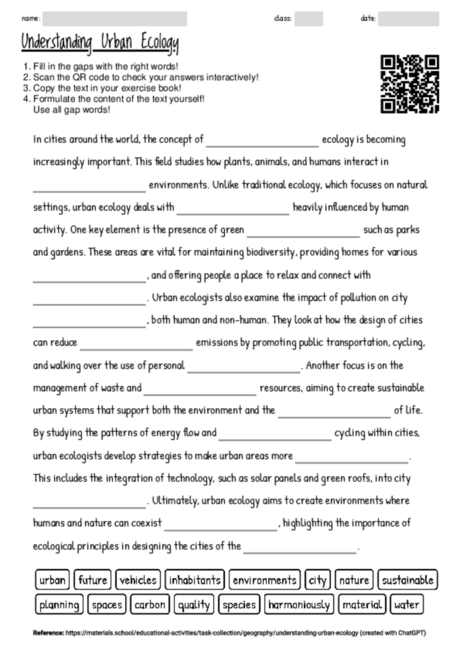 Worksheet with the topic "Understanding Urban Ecology" | MATERIALS.SCHOOL