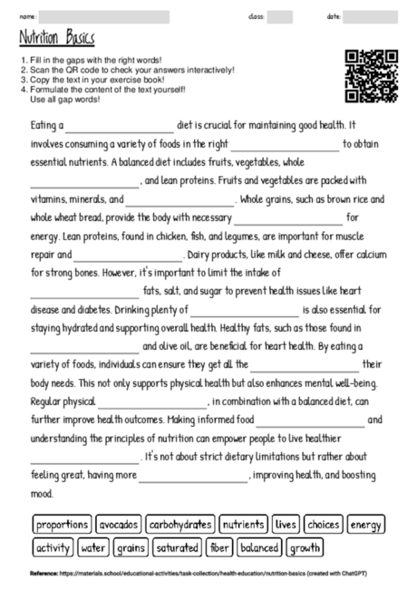 Worksheet with the topic "Nutrition Basics" | MATERIALS.SCHOOL