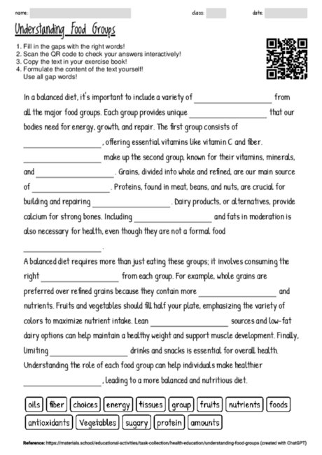 Worksheet with the topic "Understanding Food Groups" | MATERIALS.SCHOOL