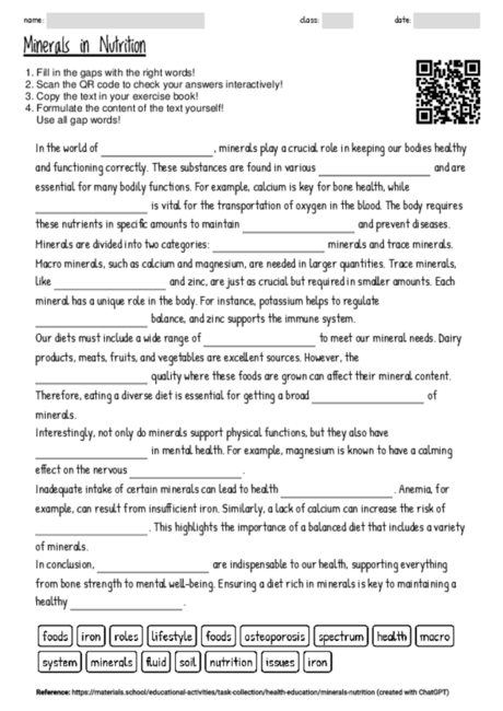 Worksheet with the topic "Minerals in Nutrition" | MATERIALS.SCHOOL