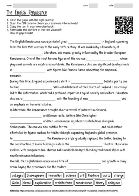 Worksheet with the topic "The English Renaissance" | MATERIALS.SCHOOL