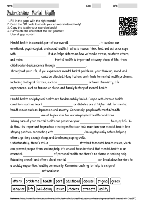 Worksheet with the topic "Understanding Mental Health" | MATERIALS.SCHOOL