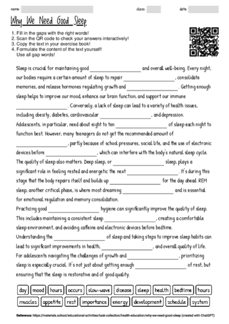 Worksheet with the topic "Why We Need Good Sleep" | MATERIALS.SCHOOL