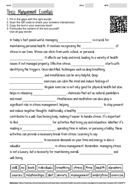 Worksheet with the topic "Stress Management Essentials" | MATERIALS.SCHOOL