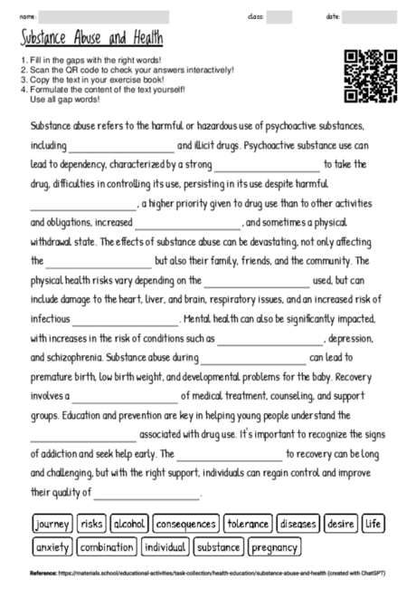Worksheet with the topic "Substance Abuse and Health" | MATERIALS.SCHOOL